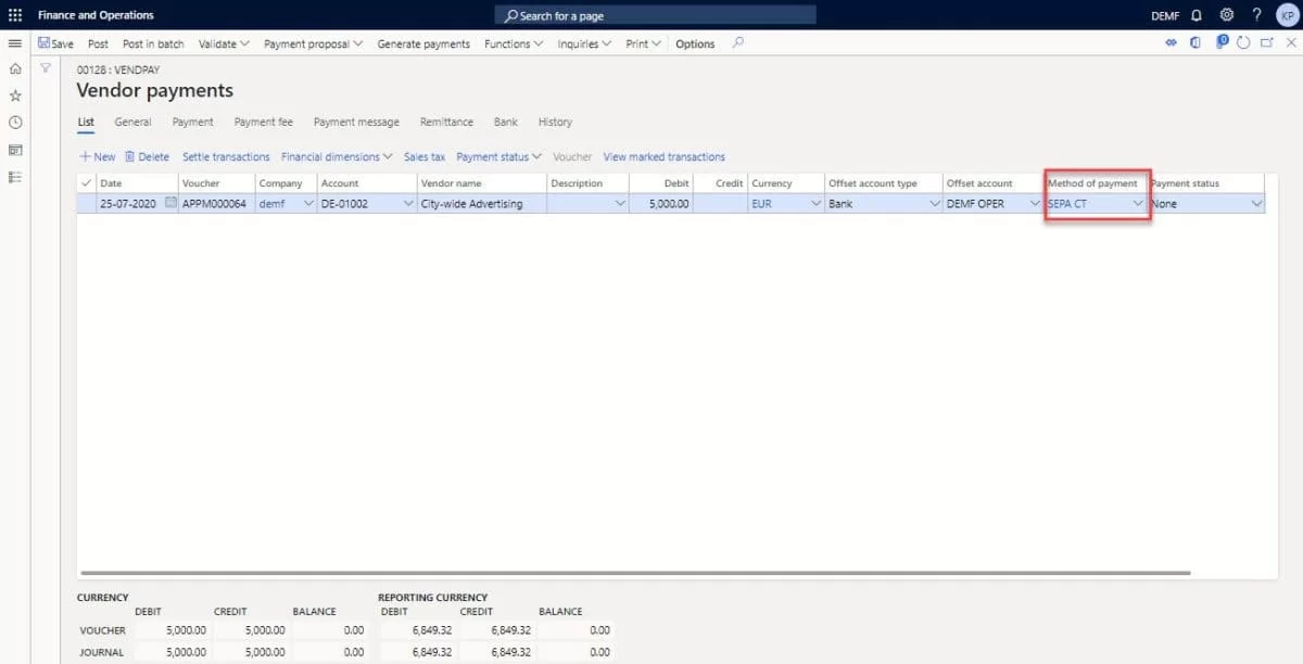 Generating SEPA/ISO 20022 (Credit Transfer) Payment File using D365 Finance